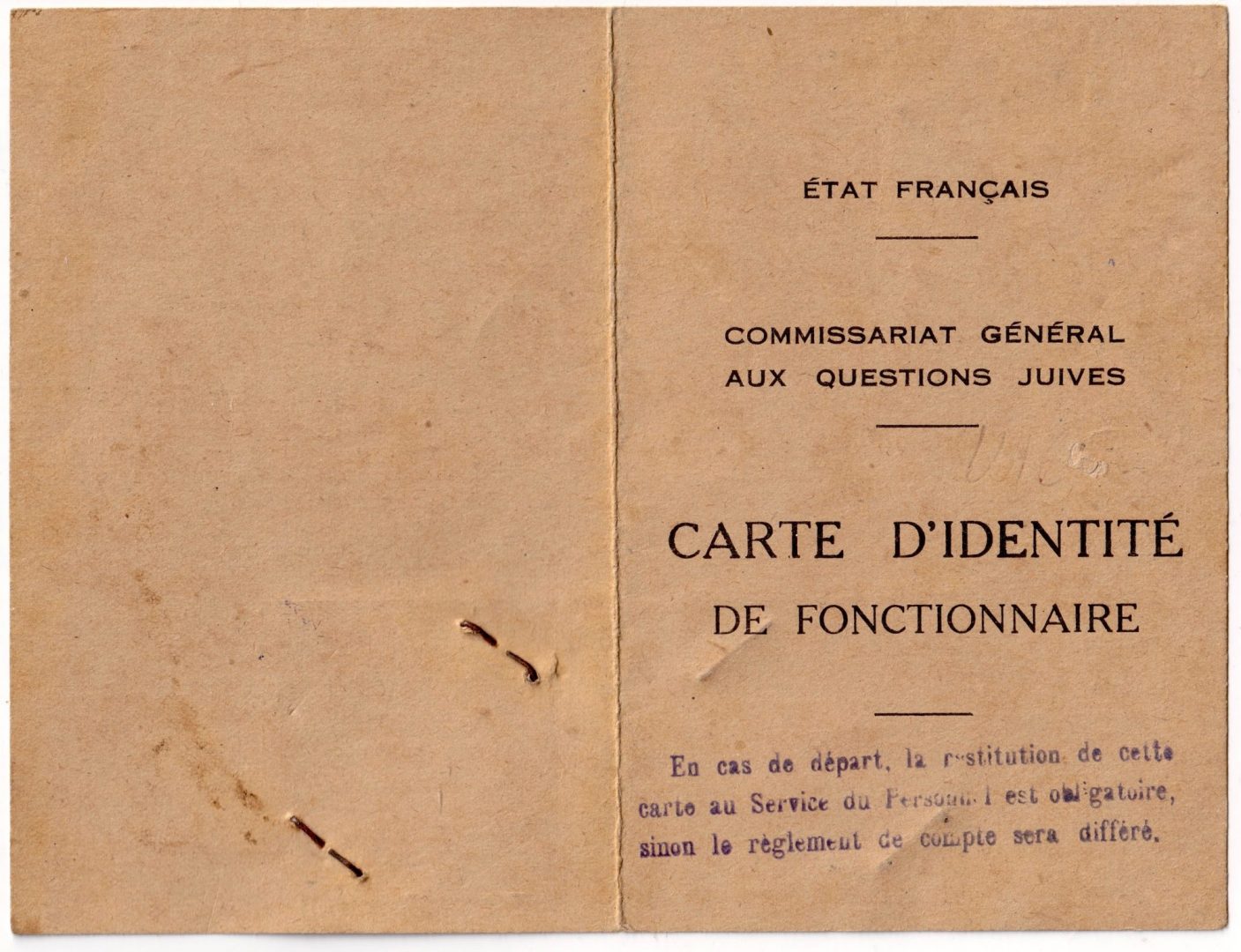 CARTE D'IDENTITÉ DE FONCTIONNAIRE , COMMISSARIAT GÉNÉRAL AUX QUESTIONS ...