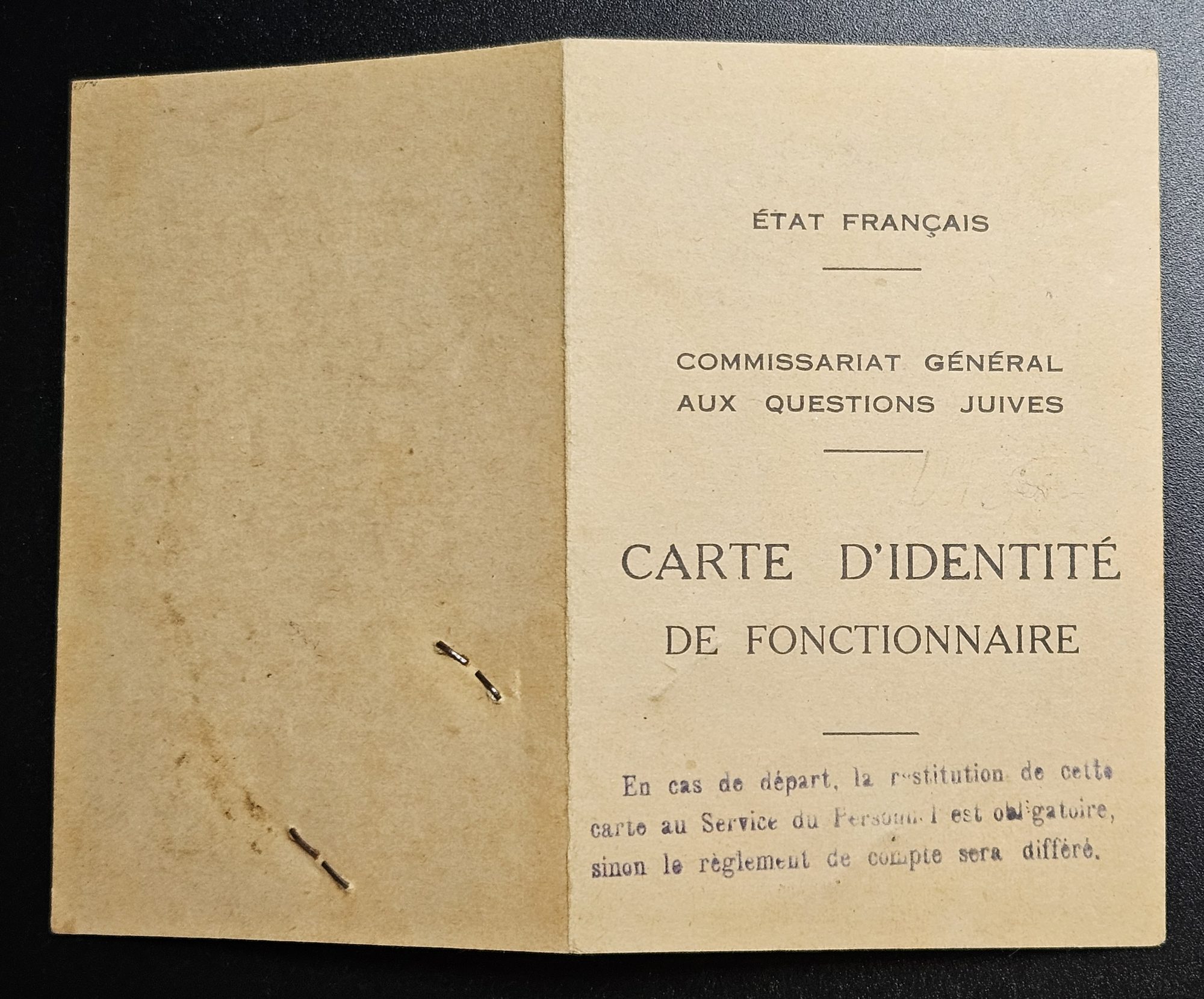 CARTE D'IDENTITÉ DE FONCTIONNAIRE , COMMISSARIAT GÉNÉRAL AUX QUESTIONS ...