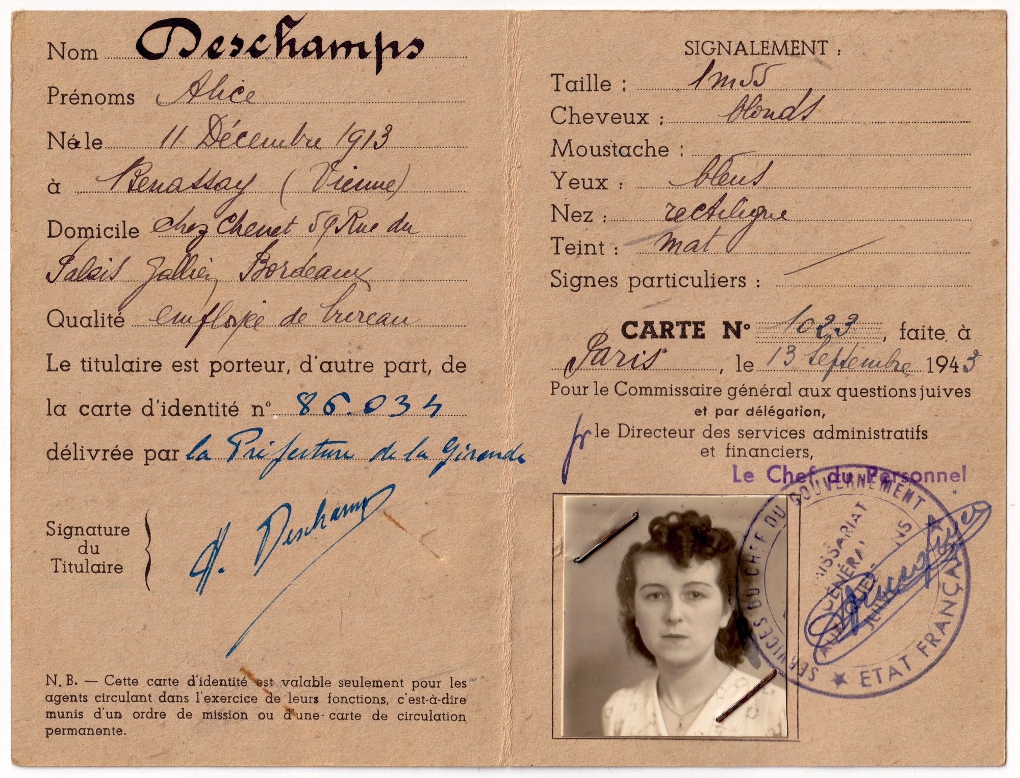 CARTE D'IDENTITÉ DE FONCTIONNAIRE , COMMISSARIAT GÉNÉRAL AUX QUESTIONS ...