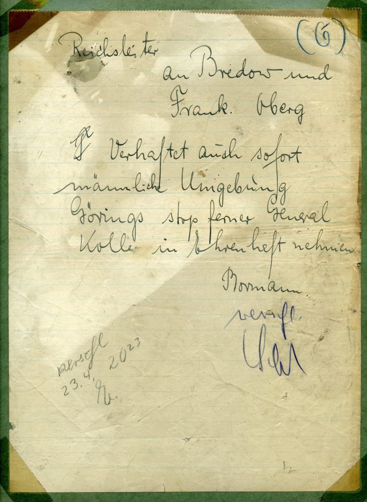 Draft of a telegraph handwritten in ink in Bormann’s hand on the ...