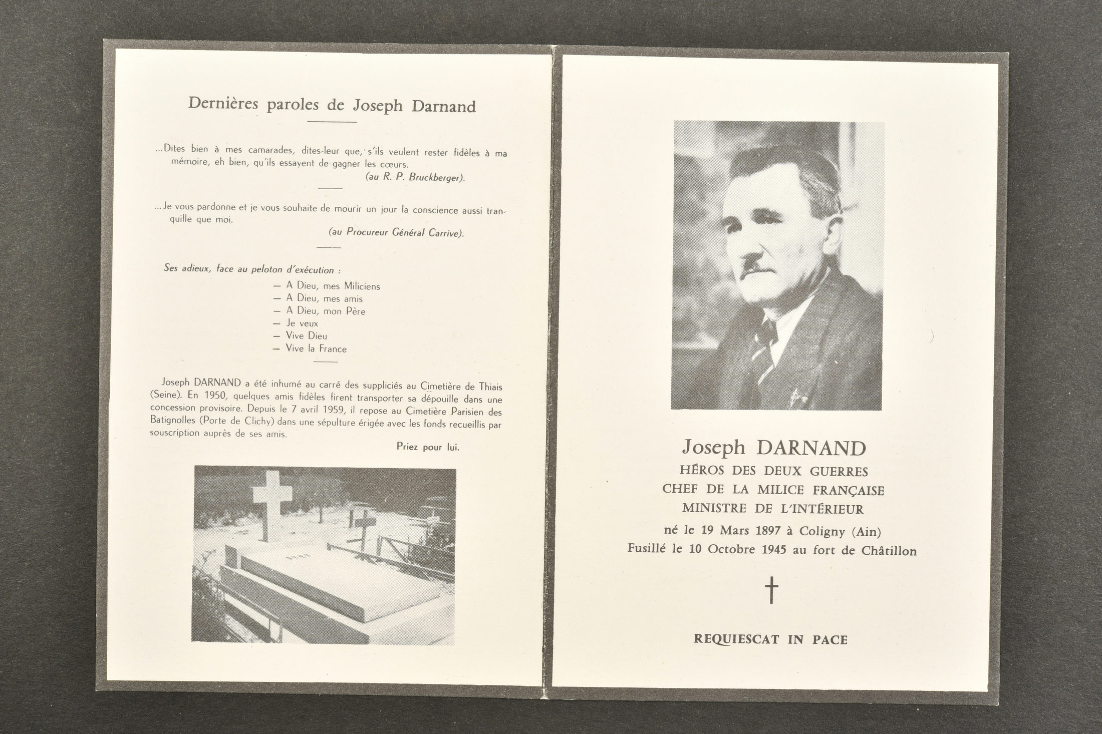 Avis de décès Joseph Darnand. | Aiolfi G.b.r.
