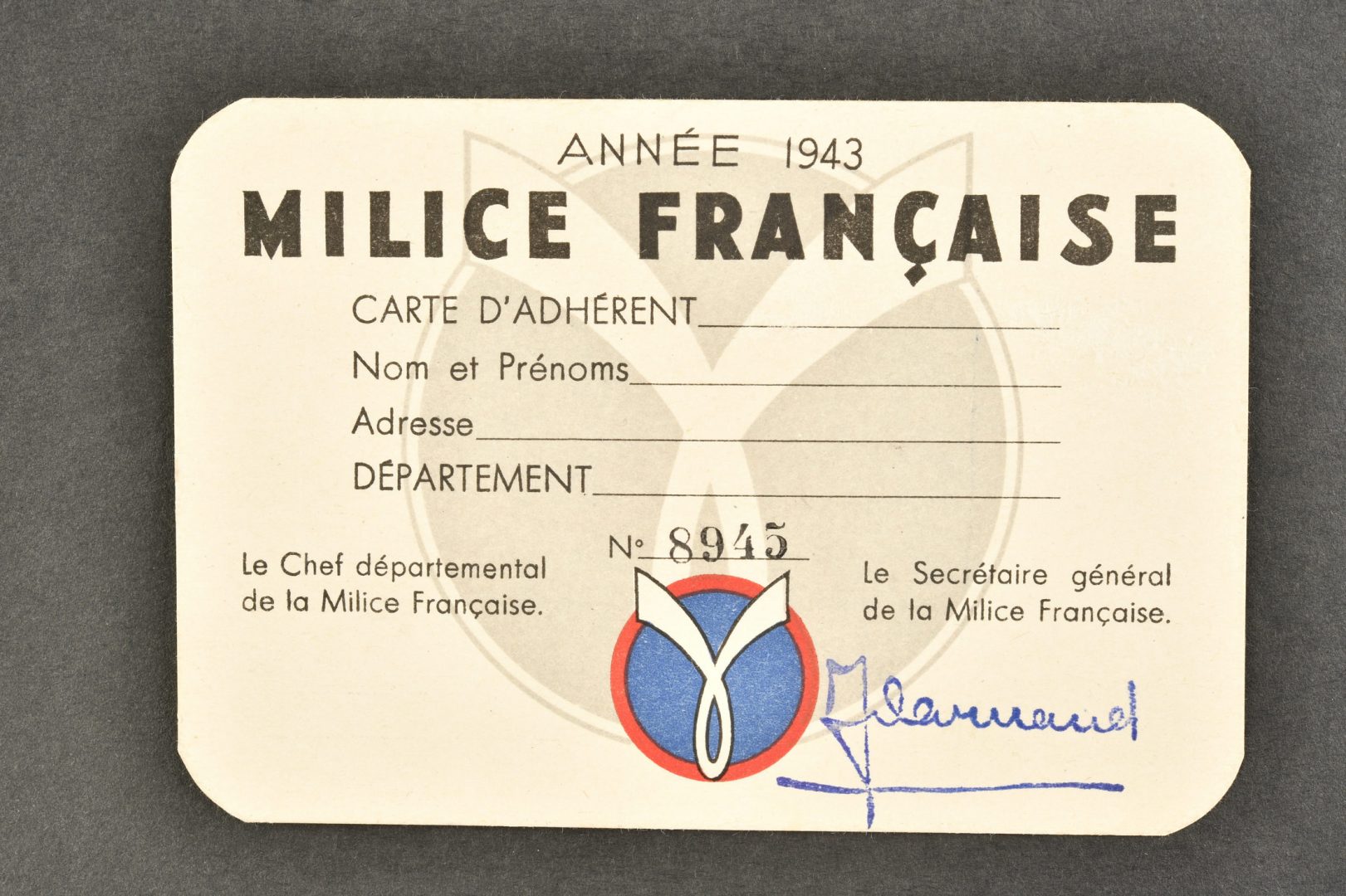 Carte d'adhérent de la Milice française. | Aiolfi G.b.r.