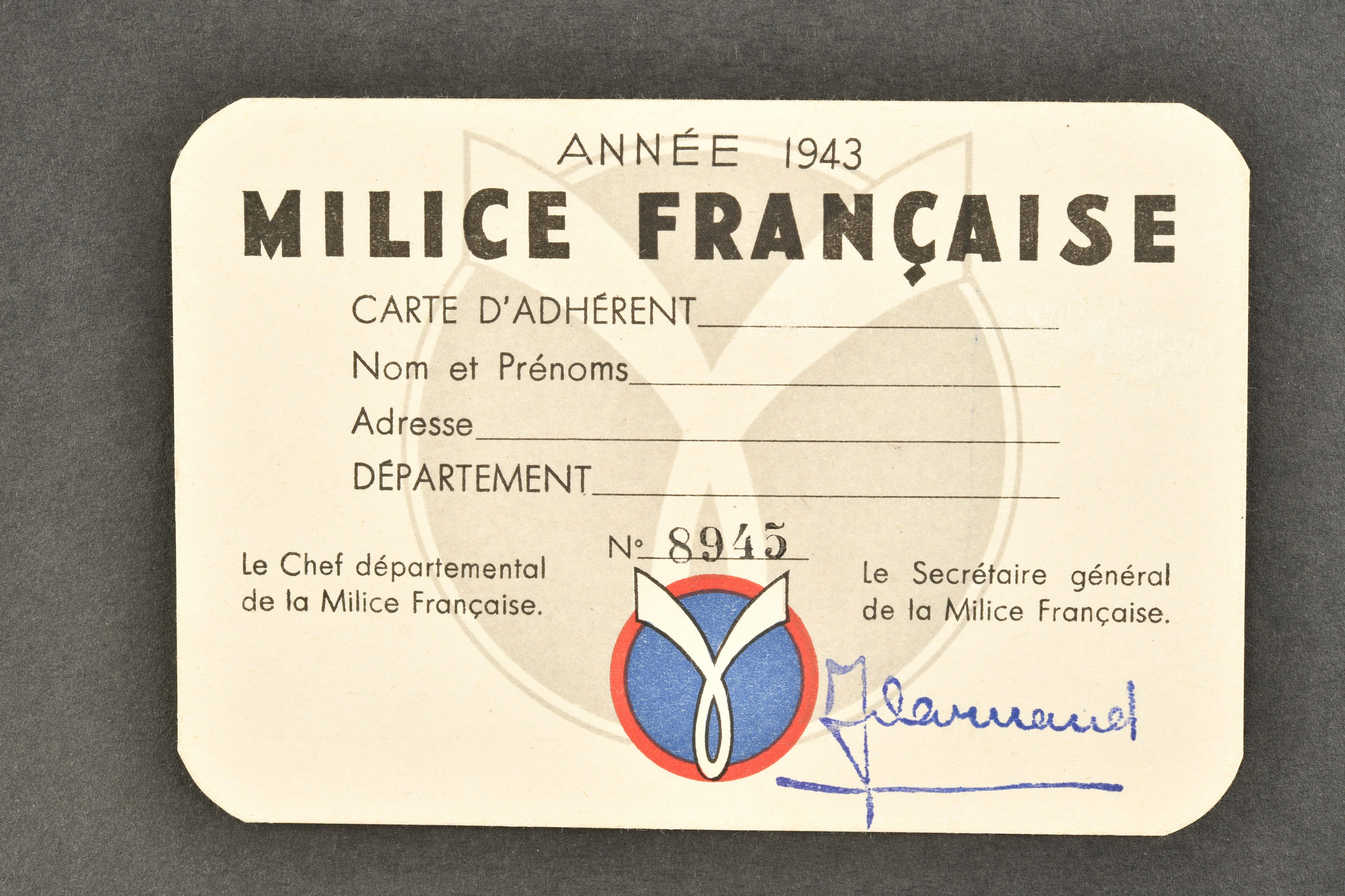 Carte d'adhérent de la Milice française. | Aiolfi G.b.r.