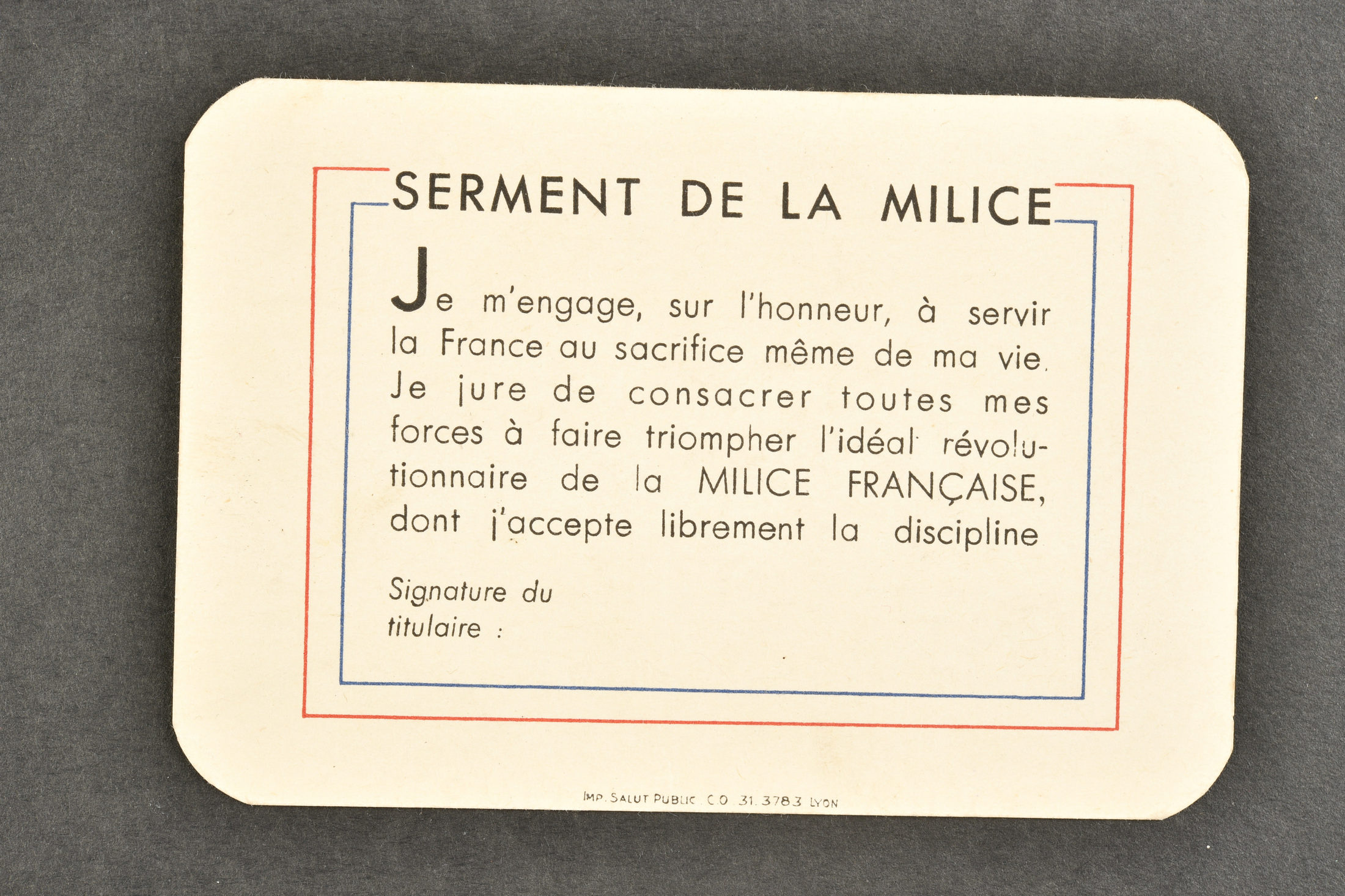 Carte d'adhérent de la Milice française. | Aiolfi G.b.r.