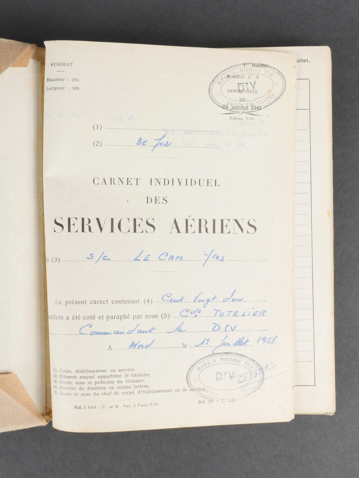 Carnets des services Aériens du pilote LECAM. | Aiolfi G.b.r.